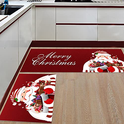 2 Piece Santa Claus Kitchen Rug Set Merry Christmas Indoor Floor Mats for Winter, Xmas Door Mat Runner Rug Carpet Mat for Kitchen Home Decor (15.7" x 23.6"+15.7" x 47.2") - Santa Claus Hold Gifts