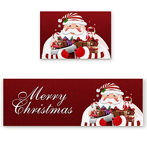 2 Piece Santa Claus Kitchen Rug Set Merry Christmas Indoor Floor Mats for Winter, Xmas Door Mat Runner Rug Carpet Mat for Kitchen Home Decor (15.7" x 23.6"+15.7" x 47.2") - Santa Claus Hold Gifts