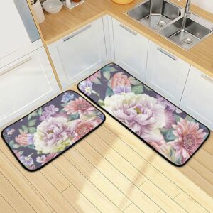 luxury purple peony peris flower kitchen rugs and mats 2 pieces anti fatigue kitchen rug set non-slip bath mat entry floor carpet entrance door mat runner 20"x28"+20"x47"