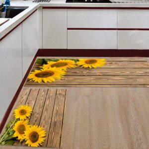 sunflower kitchen mats for floor cushioned anti fatigue 2 piece set kitchen runner rugs non skid washable sunflowers on the wooden plank summer garden photo 15.7x23.6+15.7x47.2inch