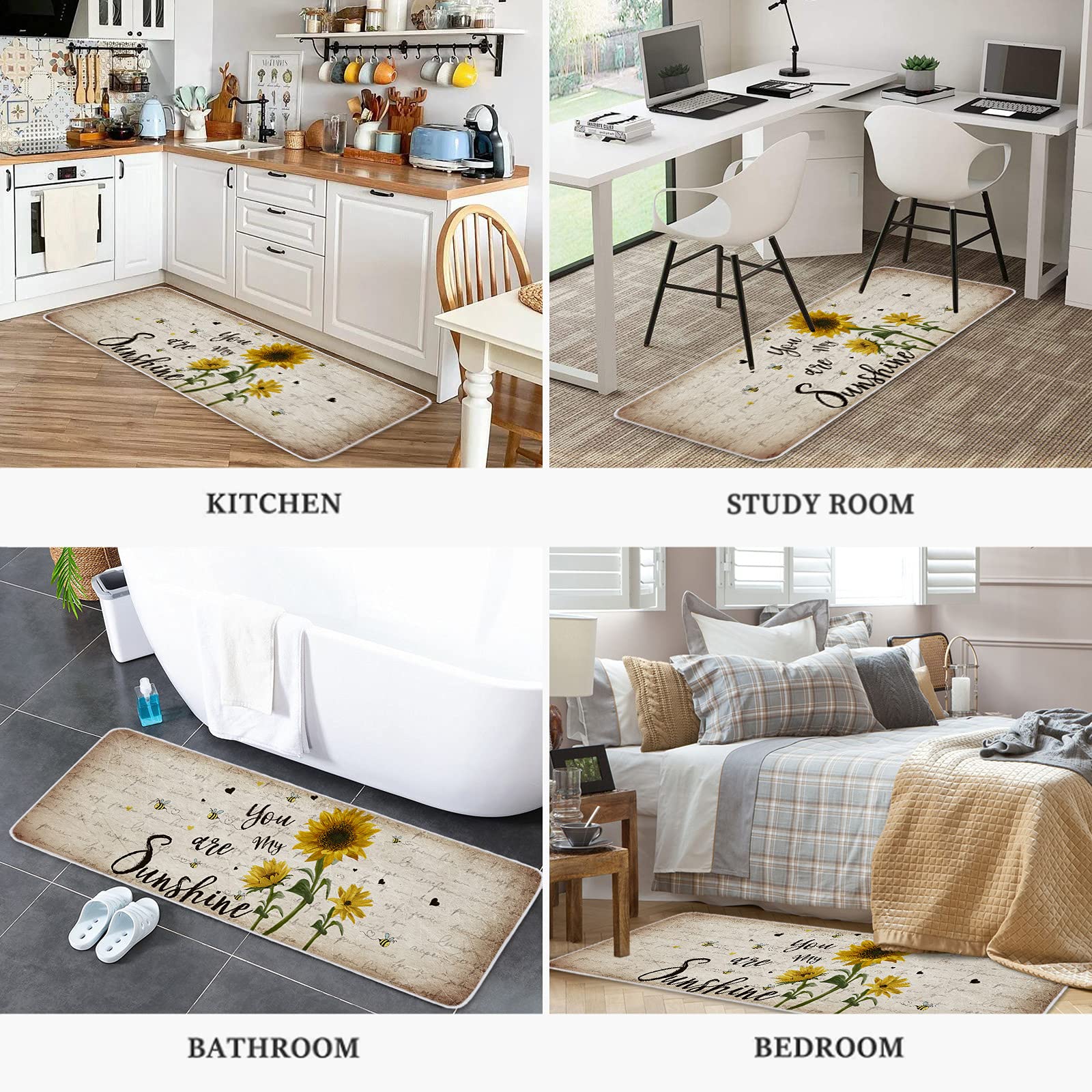 ZEREAA Absorbent Kitchen Rugs and Mats Non Skid Washable, Sunflower with Honey Bee Textured Soft Kitchen Mats for Kitchen, Floor Home, Office, Sink, Laundry, 20x24Inches+20x48Inches