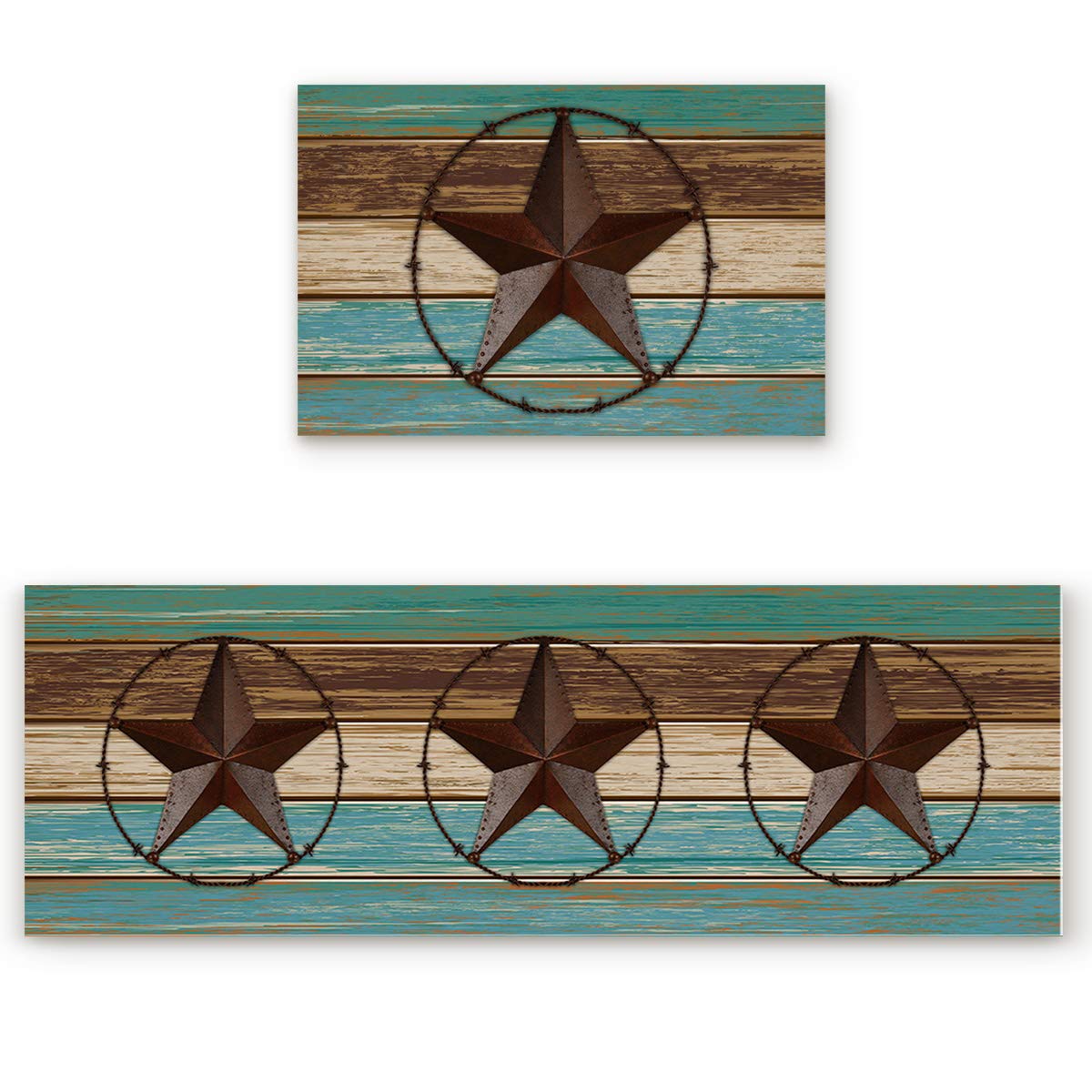 Kitchen Rug Sets of 2 Piece Non-Slip Soft Absorbe Western Texas Star on Country Wooden Plank Kitchen Mat Bath Rug Doormat Runner Carpet Set 16"x24"+16"x47"