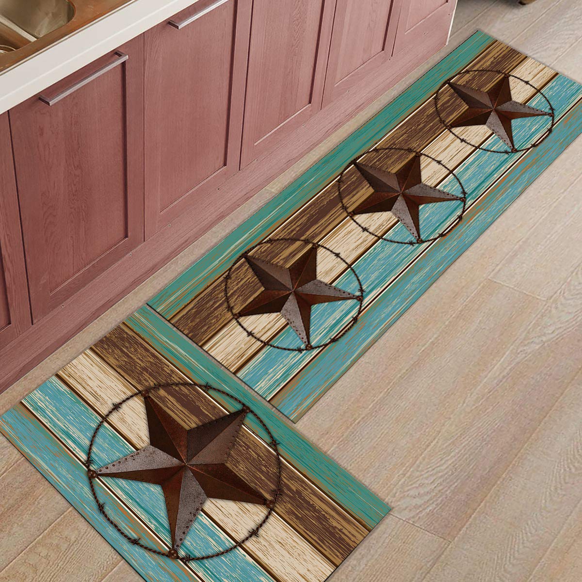 Kitchen Rug Sets of 2 Piece Non-Slip Soft Absorbe Western Texas Star on Country Wooden Plank Kitchen Mat Bath Rug Doormat Runner Carpet Set 16"x24"+16"x47"