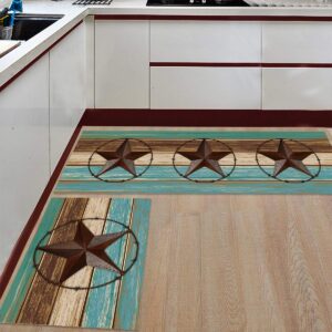 Kitchen Rug Sets of 2 Piece Non-Slip Soft Absorbe Western Texas Star on Country Wooden Plank Kitchen Mat Bath Rug Doormat Runner Carpet Set 16"x24"+16"x47"