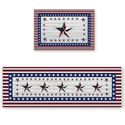 Independence Day Kitchen Rugs Sets 2 Piece Floor Mats American USA Flag Day Theme Stars Red Stripe Doormat Non-Slip Rubber Backing Area Rugs Carpet Inside Door Mat Pad Sets-15.7" x 23.6"+15.7" x 47.2"