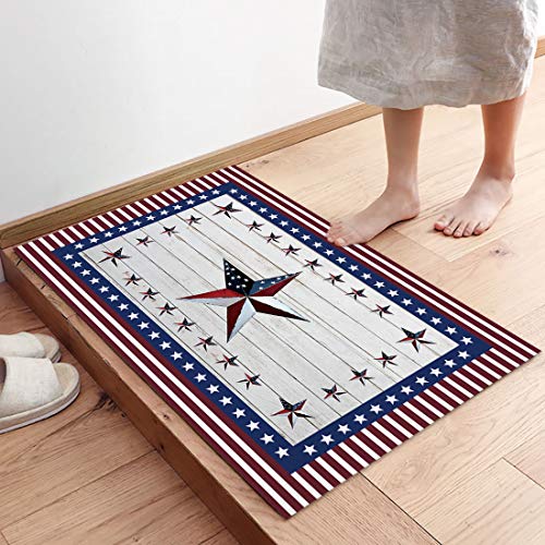 Independence Day Kitchen Rugs Sets 2 Piece Floor Mats American USA Flag Day Theme Stars Red Stripe Doormat Non-Slip Rubber Backing Area Rugs Carpet Inside Door Mat Pad Sets-15.7" x 23.6"+15.7" x 47.2"