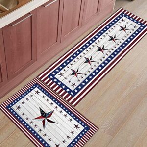 Independence Day Kitchen Rugs Sets 2 Piece Floor Mats American USA Flag Day Theme Stars Red Stripe Doormat Non-Slip Rubber Backing Area Rugs Carpet Inside Door Mat Pad Sets-15.7" x 23.6"+15.7" x 47.2"