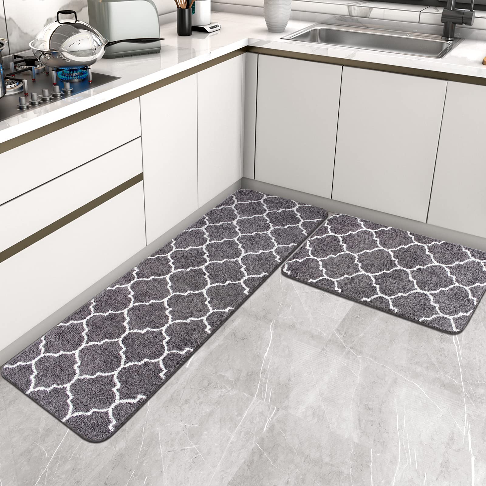 BAIRUI® 2 Piece Kitchen Rugs and Mats Non Skid Washable Kitchen Runner Carpet Set Moroccan Super Absorbent Soft Microfiber Kitchen Mat for Floor Bathroom Laundry Office (Gray, 48"X17"+24"X17")