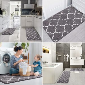 BAIRUI® 2 Piece Kitchen Rugs and Mats Non Skid Washable Kitchen Runner Carpet Set Moroccan Super Absorbent Soft Microfiber Kitchen Mat for Floor Bathroom Laundry Office (Gray, 48"X17"+24"X17")