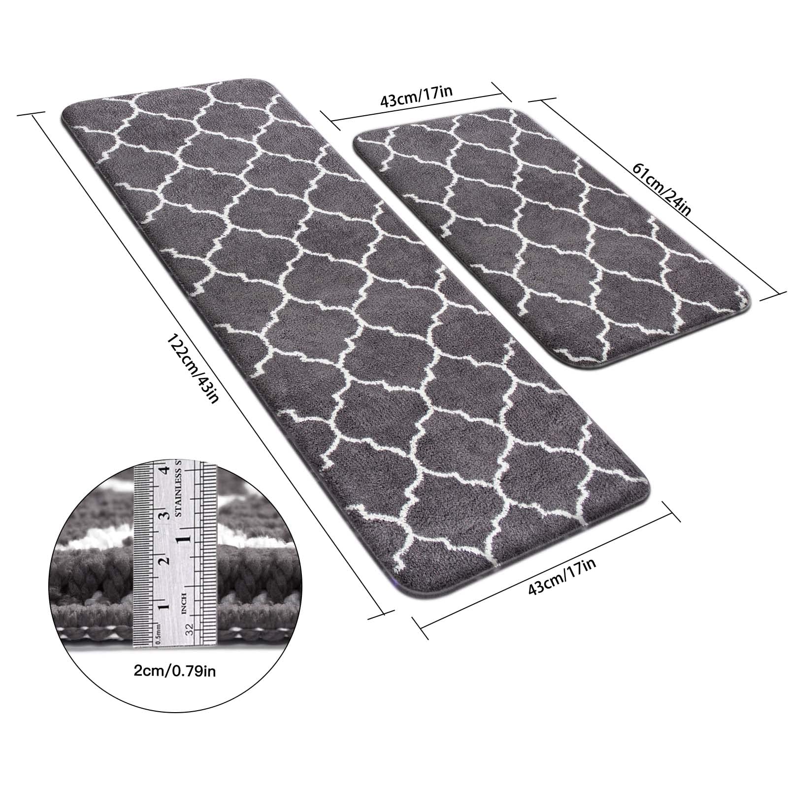 BAIRUI® 2 Piece Kitchen Rugs and Mats Non Skid Washable Kitchen Runner Carpet Set Moroccan Super Absorbent Soft Microfiber Kitchen Mat for Floor Bathroom Laundry Office (Gray, 48"X17"+24"X17")