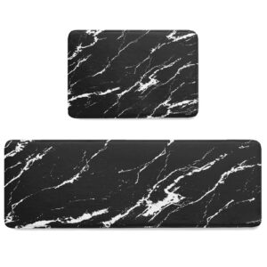 anti-fatigue kitchen mats standing rugs set of 2 black and white marble style non-slip area runner floor doormat mondern crack art washable cushioned carpet for bedroom bathroom decor