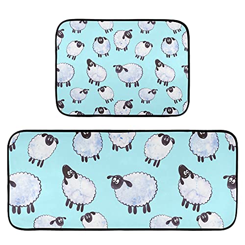 Cute Sheep Kitchen Rugs and Mat 2 Pieces Set Cushioned Anti Fatigue Kitchen Mat Non Slip Comfort Standing Rug Washable Farmhouse Decor for Indoor Outdoor