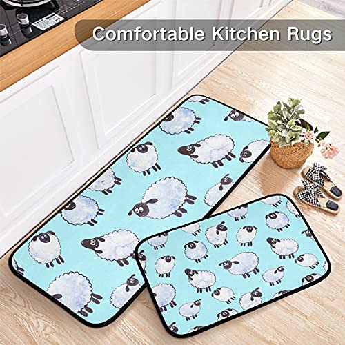 Cute Sheep Kitchen Rugs and Mat 2 Pieces Set Cushioned Anti Fatigue Kitchen Mat Non Slip Comfort Standing Rug Washable Farmhouse Decor for Indoor Outdoor