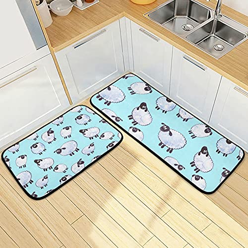 Cute Sheep Kitchen Rugs and Mat 2 Pieces Set Cushioned Anti Fatigue Kitchen Mat Non Slip Comfort Standing Rug Washable Farmhouse Decor for Indoor Outdoor