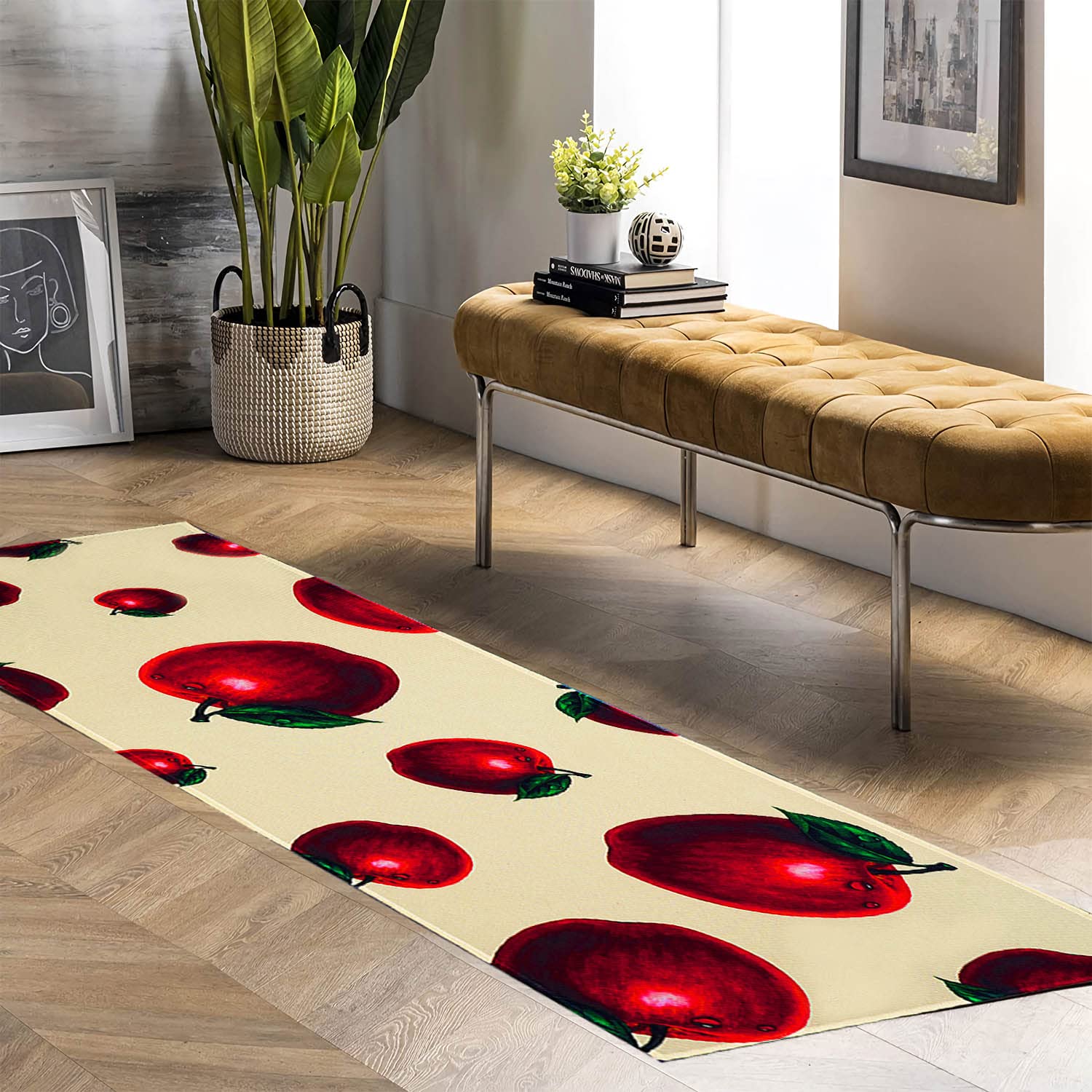 Invuni Multifunctional Long Strip Apple Rugs Summer Series Non-Slip Backed Mat Apple Doormat, Fruit Kitchen Mats Set of 2 (17" X 47"+17" X 30")