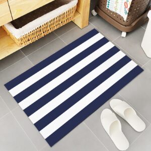 Nautical Stripe Design (Navy and White) Kitchen Rugs Set 2 Piece, Kitchen Mats Rugs Non Skid Washable Anti Fatiguee, Doormat Carpet for Bedroom/Bathroom/Living Room,15.7x23.6in+15.7x47.2in