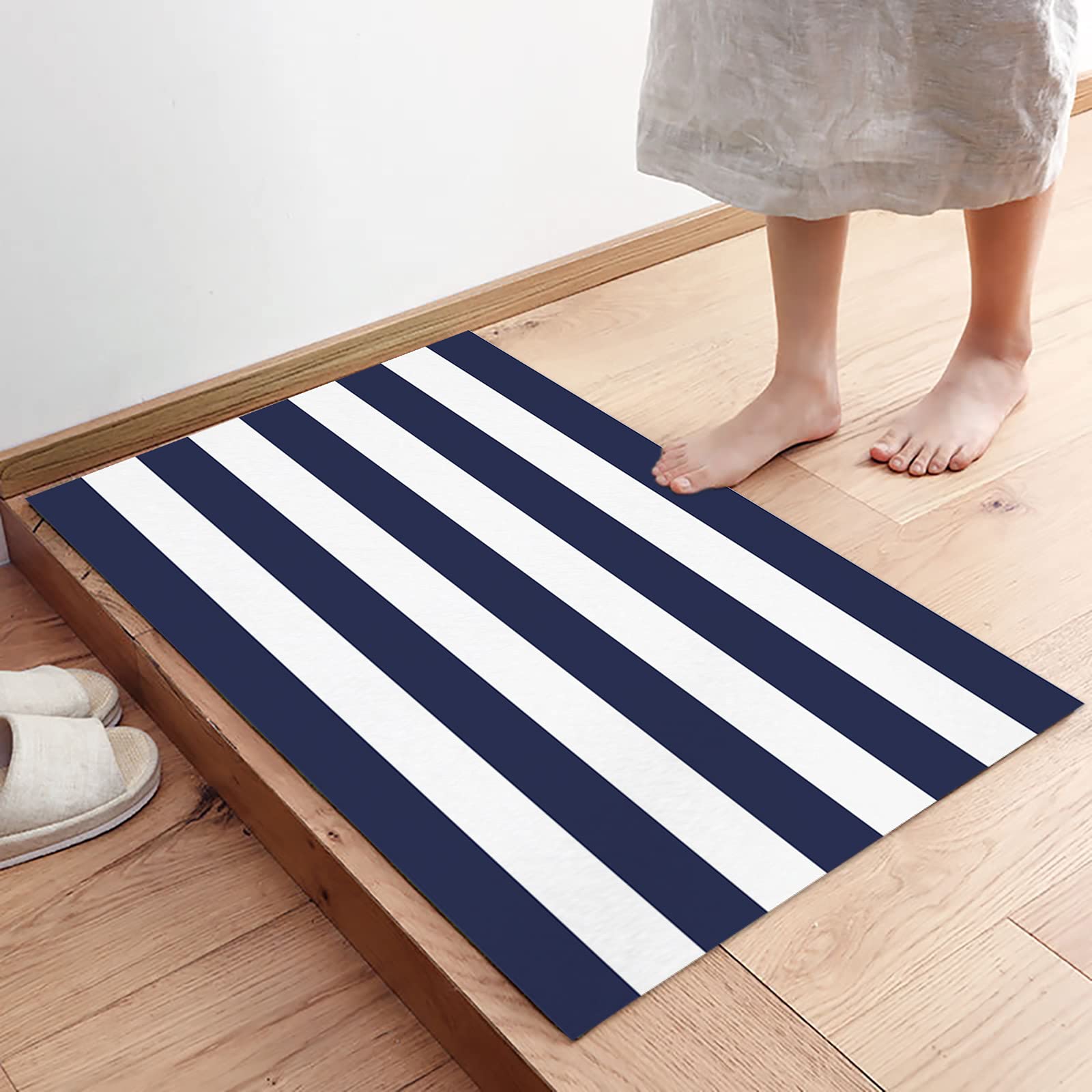 Nautical Stripe Design (Navy and White) Kitchen Rugs Set 2 Piece, Kitchen Mats Rugs Non Skid Washable Anti Fatiguee, Doormat Carpet for Bedroom/Bathroom/Living Room,15.7x23.6in+15.7x47.2in