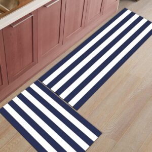 Nautical Stripe Design (Navy and White) Kitchen Rugs Set 2 Piece, Kitchen Mats Rugs Non Skid Washable Anti Fatiguee, Doormat Carpet for Bedroom/Bathroom/Living Room,15.7x23.6in+15.7x47.2in