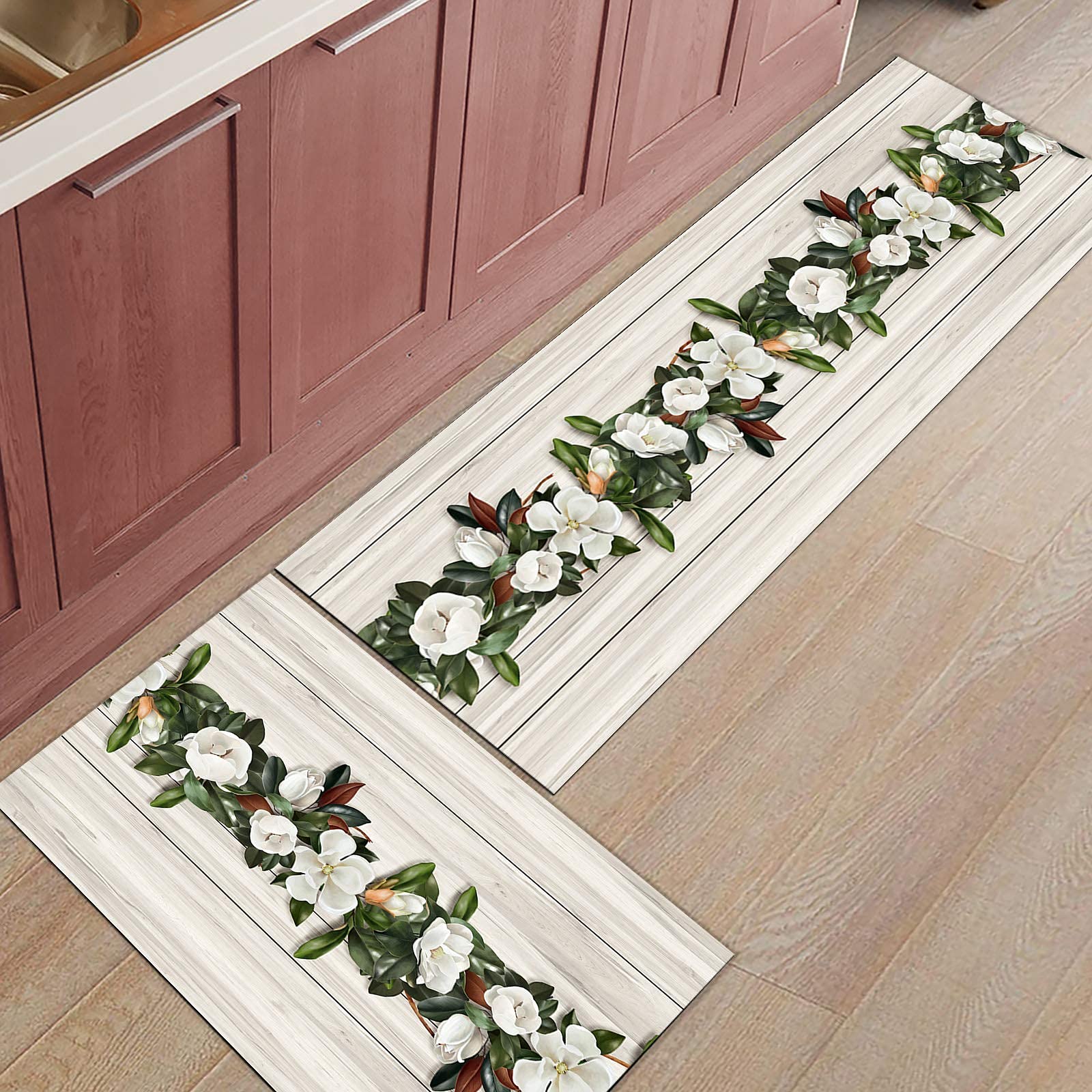 Midetoy Kitchen Rugs and Mats Set Magnolia Plant Flower Nature Anti Fatigue Kitchen Rug Non Slip Floor Rugs 17.7"x59"+17.7"x29"