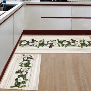 Midetoy Kitchen Rugs and Mats Set Magnolia Plant Flower Nature Anti Fatigue Kitchen Rug Non Slip Floor Rugs 17.7"x59"+17.7"x29"