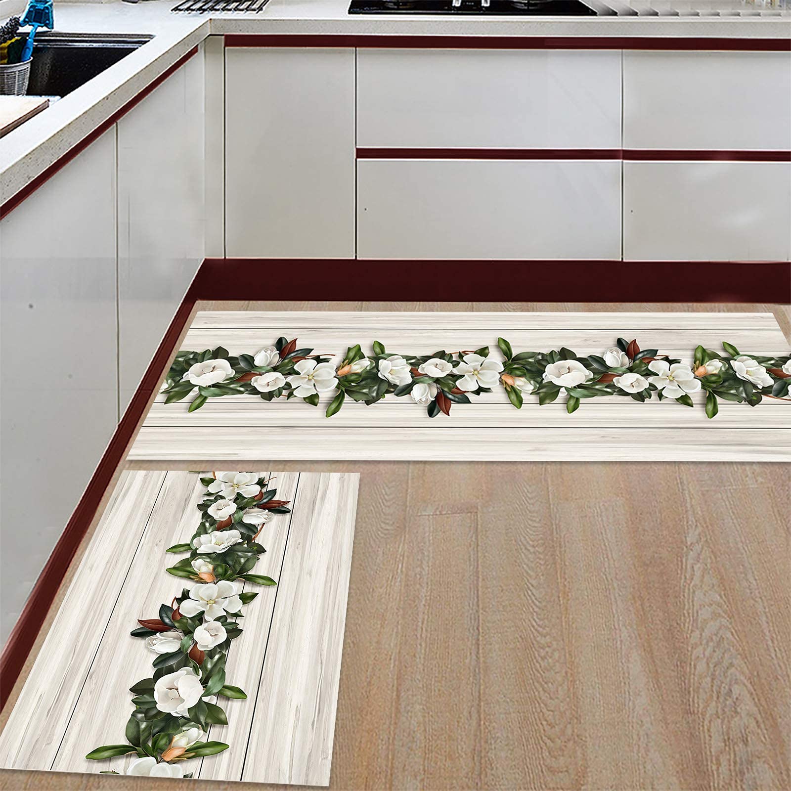 Midetoy Kitchen Rugs and Mats Set Magnolia Plant Flower Nature Anti Fatigue Kitchen Rug Non Slip Floor Rugs 17.7"x59"+17.7"x29"