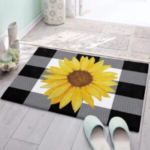 bathroom rugs fall farm sunflower black white buffalo plaid indoor doormat bath rugs non slip, washable cover floor rug absorbent carpets floor mat home decor for kitchen (16x24)