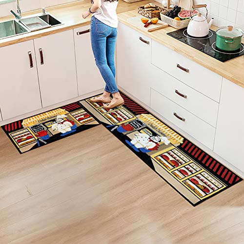 FAMIFIRST Kitchen Rug 2 Piece Non Slip Kitchen Mat Latex Backing Door Mat Floor Mat Kitchen Decor Set, 16''x47''+16''x23'', Bread Chef