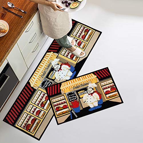 FAMIFIRST Kitchen Rug 2 Piece Non Slip Kitchen Mat Latex Backing Door Mat Floor Mat Kitchen Decor Set, 16''x47''+16''x23'', Bread Chef