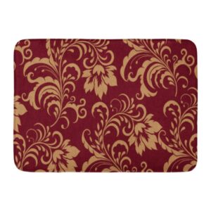 flower maroon gold floral classy bath mat, burgundy antique bathroom rugs soft bath rugs non slip, washable floor rug floor mat home decor for kitchen bedroom(16x24)