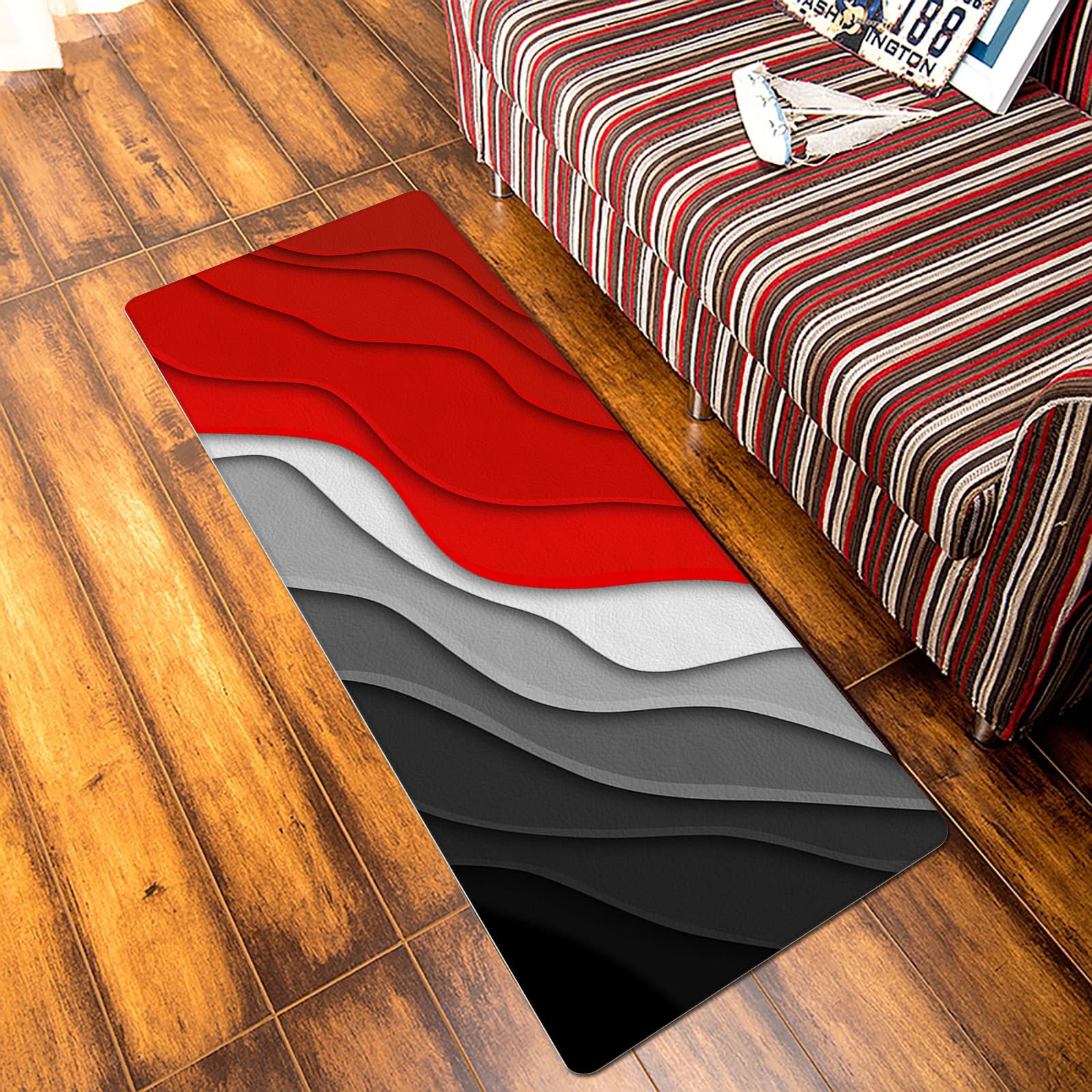 Abstract Red Antifatigue Kitchen Bath Door Mat Cushioned Runner Rug,Washable Welcome Floor Sink Mat,Modern Geometric Ombre Grey White Art Waterproof Comfort Standing Doormat for Kitchen,18"x30"