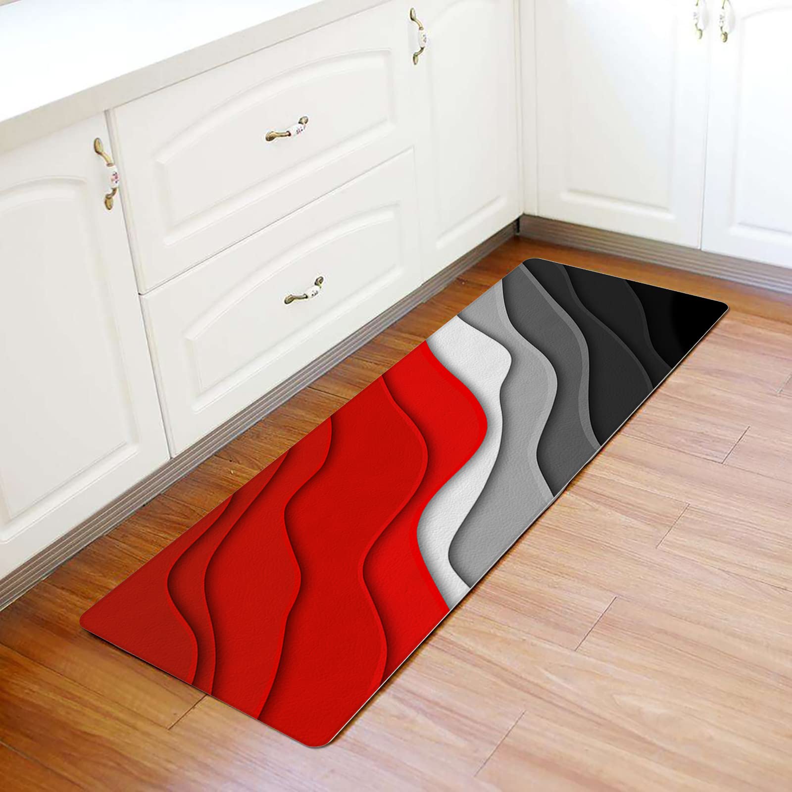 Abstract Red Antifatigue Kitchen Bath Door Mat Cushioned Runner Rug,Washable Welcome Floor Sink Mat,Modern Geometric Ombre Grey White Art Waterproof Comfort Standing Doormat for Kitchen,18"x30"