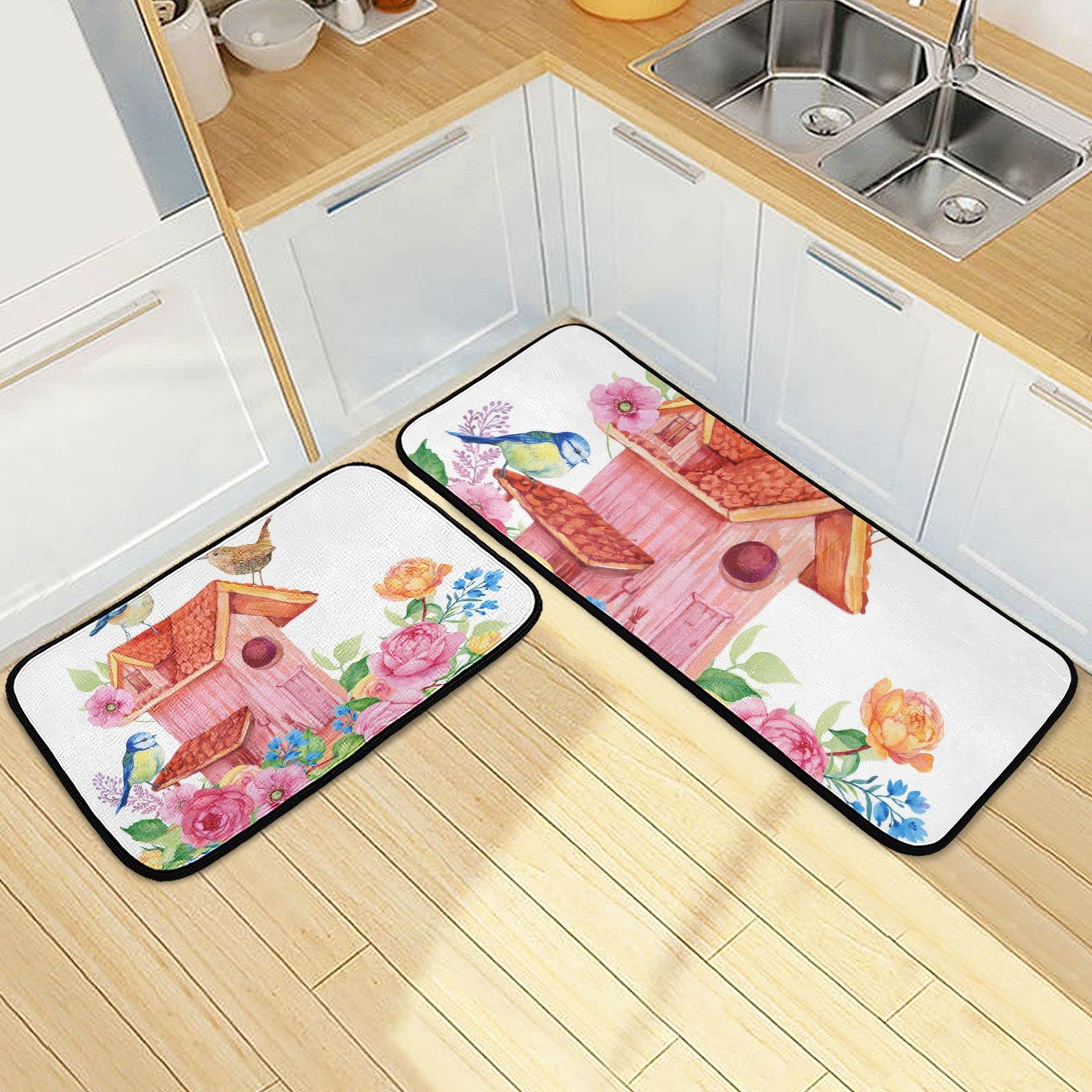 Birdhouse Birds Kitchen Mat Rugs Set of 2 Spring Flowers Comfort Floor Runner Anti Fatigue Non Slid Cushioned Kitchen Carpet Rug for Living Room Laundry Hallway Home Decor