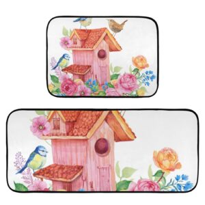 Birdhouse Birds Kitchen Mat Rugs Set of 2 Spring Flowers Comfort Floor Runner Anti Fatigue Non Slid Cushioned Kitchen Carpet Rug for Living Room Laundry Hallway Home Decor