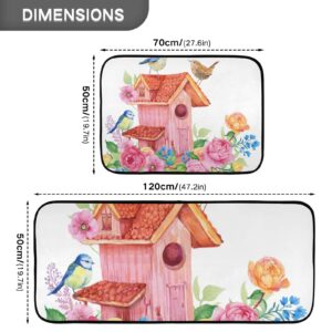 Birdhouse Birds Kitchen Mat Rugs Set of 2 Spring Flowers Comfort Floor Runner Anti Fatigue Non Slid Cushioned Kitchen Carpet Rug for Living Room Laundry Hallway Home Decor