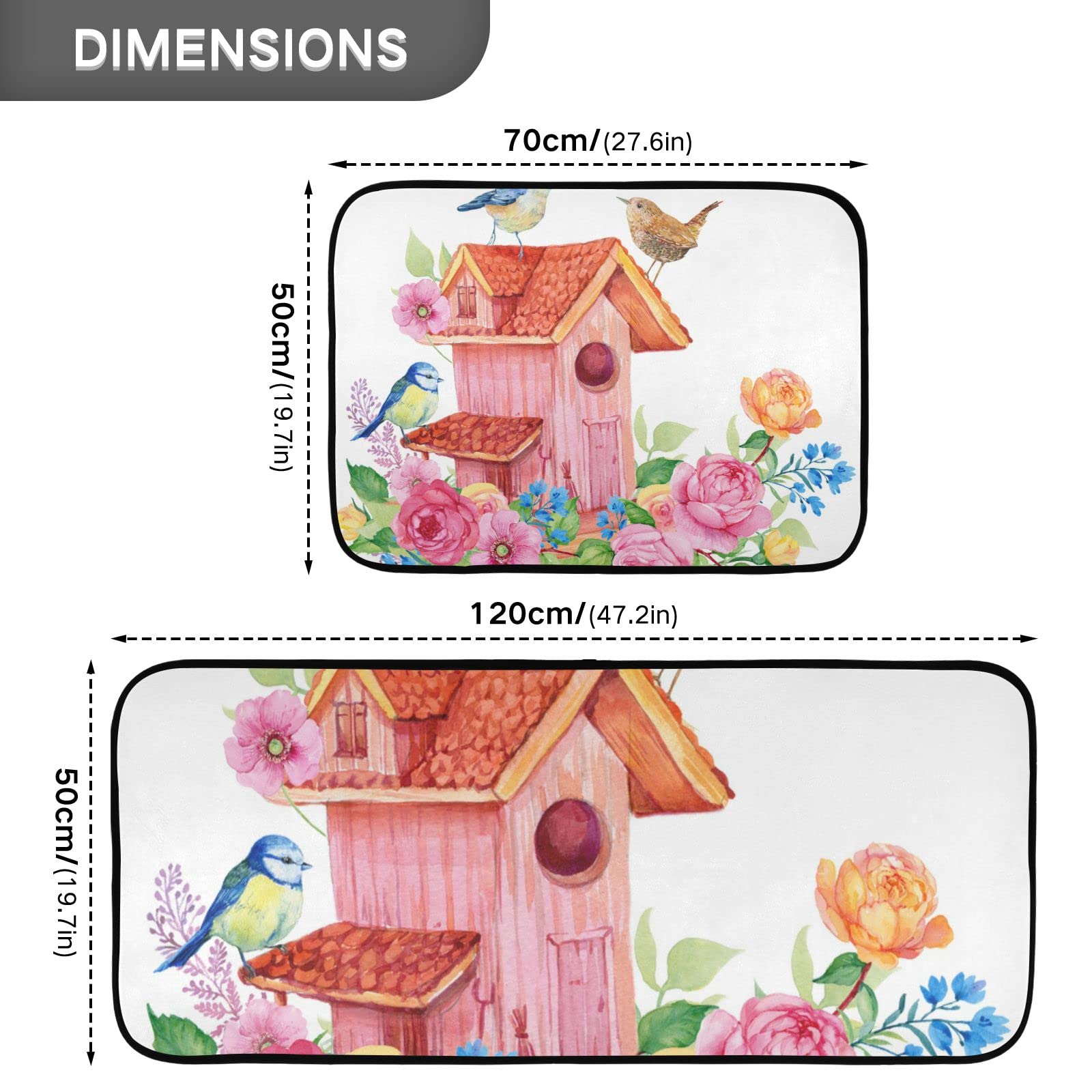 Birdhouse Birds Kitchen Mat Rugs Set of 2 Spring Flowers Comfort Floor Runner Anti Fatigue Non Slid Cushioned Kitchen Carpet Rug for Living Room Laundry Hallway Home Decor