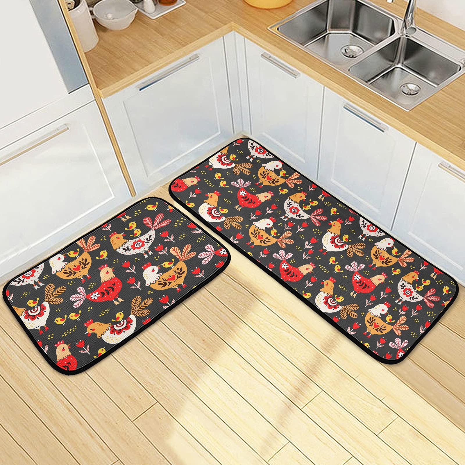 2 Piece Kitchen Rugs and Mats, Cute Rooster Chicken Cushioned Kitchen Mat Anti-Fatigue Comfort Floor Mat Non Slip Kitchen Rug Standing Mats for Kitchen, Sink, Bathroom, Laundry(20x47 Inch+20x28 Inch)