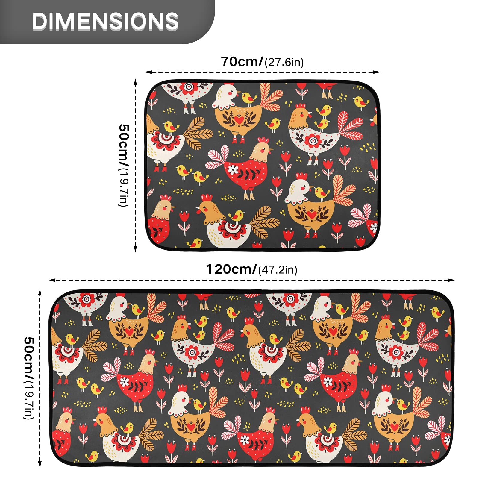 2 Piece Kitchen Rugs and Mats, Cute Rooster Chicken Cushioned Kitchen Mat Anti-Fatigue Comfort Floor Mat Non Slip Kitchen Rug Standing Mats for Kitchen, Sink, Bathroom, Laundry(20x47 Inch+20x28 Inch)