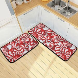 cupada christmas sweets kitchen rugs and mats 2 pcs, candy canes non-slip floor runner mat for living room bedroom dorm hallyway home decor 19.7"x27.6"+19.7"x47.2"