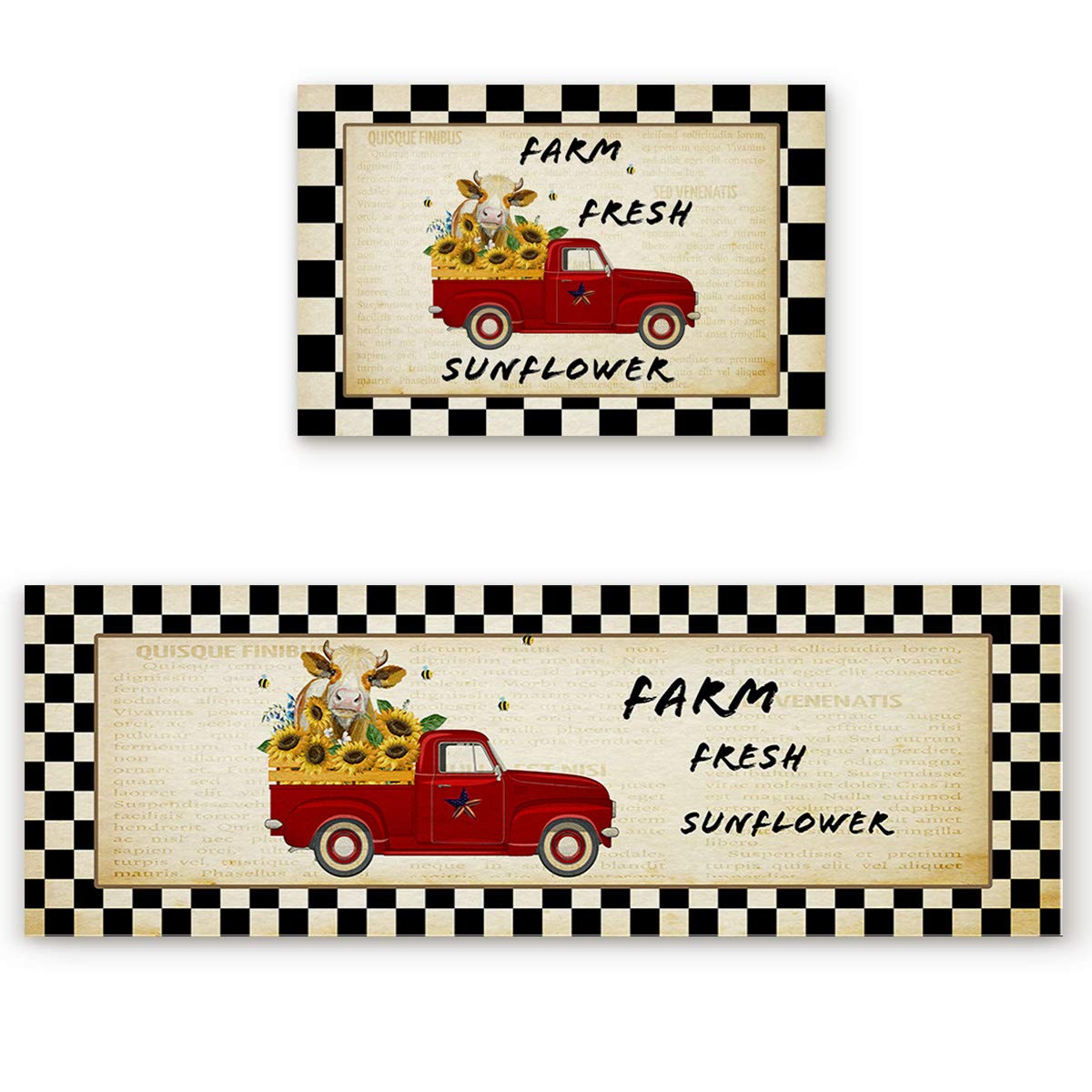 2 Piece Farm Style Kitchen Mats Set 15.7x23.6inch+15.7x47.2inch, Anti-Fatigue Non-Slip Chef Mat Kitchen Rug Cushioned Floor Rugs, Red Truck Carrying Cow and Sunflowers White Black Lattice