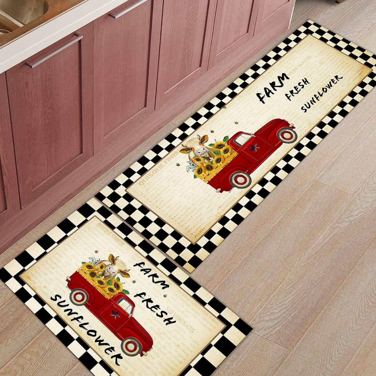 2 Piece Farm Style Kitchen Mats Set 15.7x23.6inch+15.7x47.2inch, Anti-Fatigue Non-Slip Chef Mat Kitchen Rug Cushioned Floor Rugs, Red Truck Carrying Cow and Sunflowers White Black Lattice