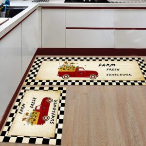 2 Piece Farm Style Kitchen Mats Set 15.7x23.6inch+15.7x47.2inch, Anti-Fatigue Non-Slip Chef Mat Kitchen Rug Cushioned Floor Rugs, Red Truck Carrying Cow and Sunflowers White Black Lattice