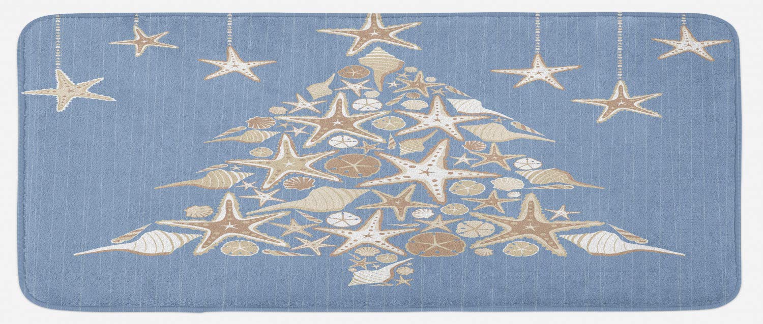 Ambesonne Christmas Kitchen Mat, Nautical Elements Sea Life Theme with Noel Tree Winter Season, Plush Decorative Kitchen Mat with Non Slip Backing, 47" X 19", Beige Cream