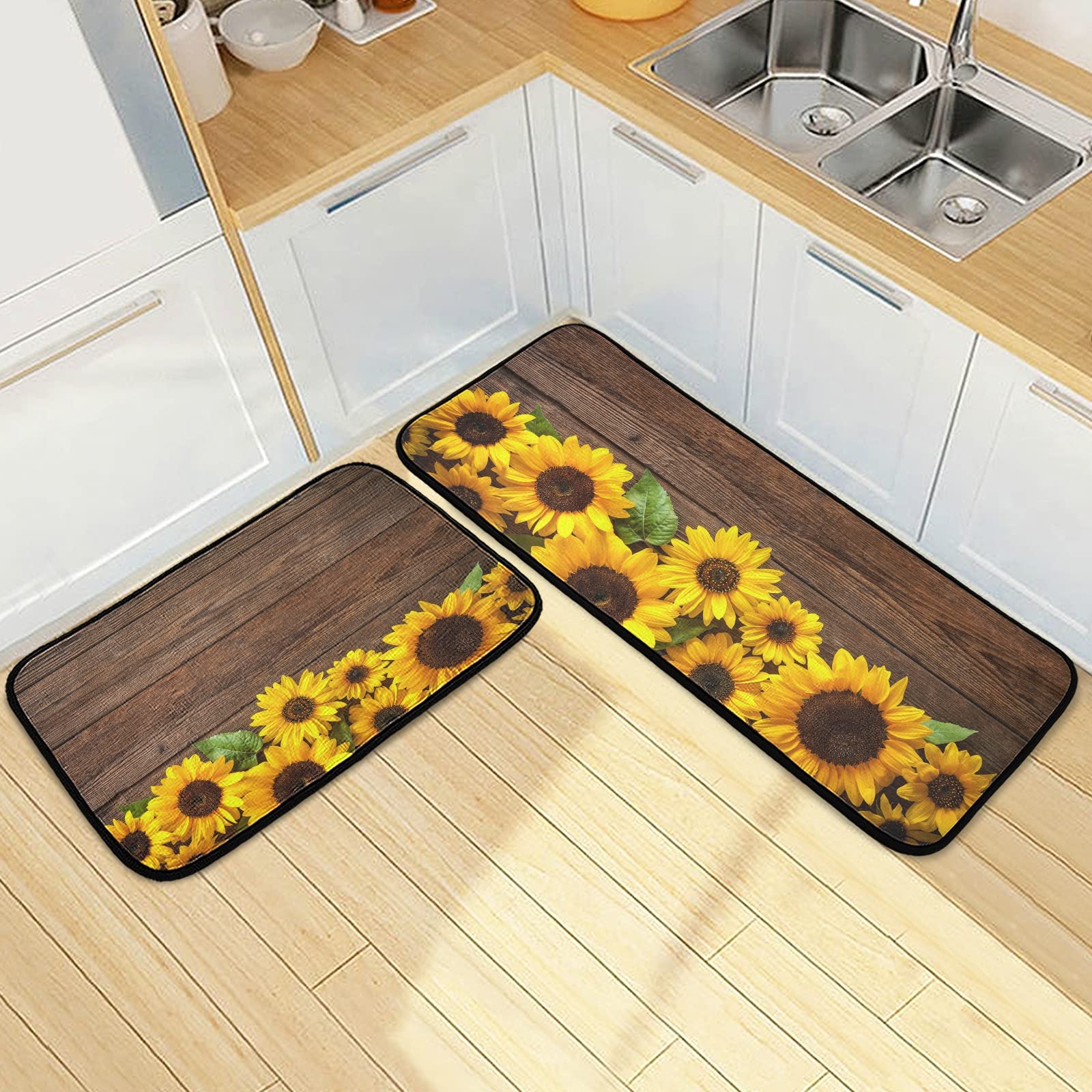 Country Style Sunflower Kitchen Carpet Set 2 Piece, 19.7"x27.6"+19.7"x47.2", Non-Slip Kitchen Mats and Rugs, Soft, Super Absorbent, Washable Kitchen Doormat Carpet Mat, Perfect for Kitchen, Sink, Flo