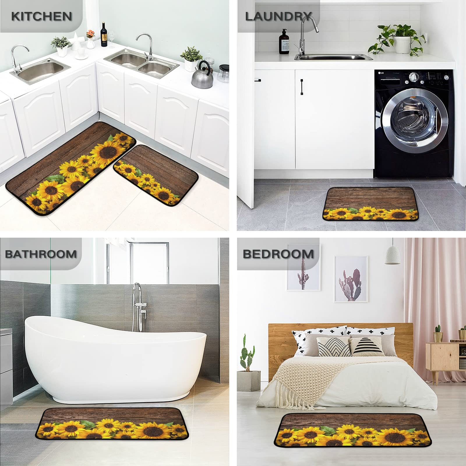 Country Style Sunflower Kitchen Carpet Set 2 Piece, 19.7"x27.6"+19.7"x47.2", Non-Slip Kitchen Mats and Rugs, Soft, Super Absorbent, Washable Kitchen Doormat Carpet Mat, Perfect for Kitchen, Sink, Flo