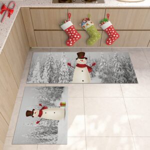 queener home winter christmas tree and snowman kitchen rugs and mats set of 2, washable floor doormat comfort area runner rug non-slip rubber backing for indoor cartoon pattern