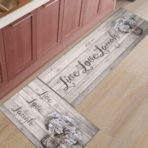 infinidesign 2 piece kitchen mat non-slip floor mat super soft indoor rugs bathroom runner rug set carpet,live love laugh vintage hydrangea flowers on wooden plank (15.7"x23.6"+15.7"x47.2" inches)