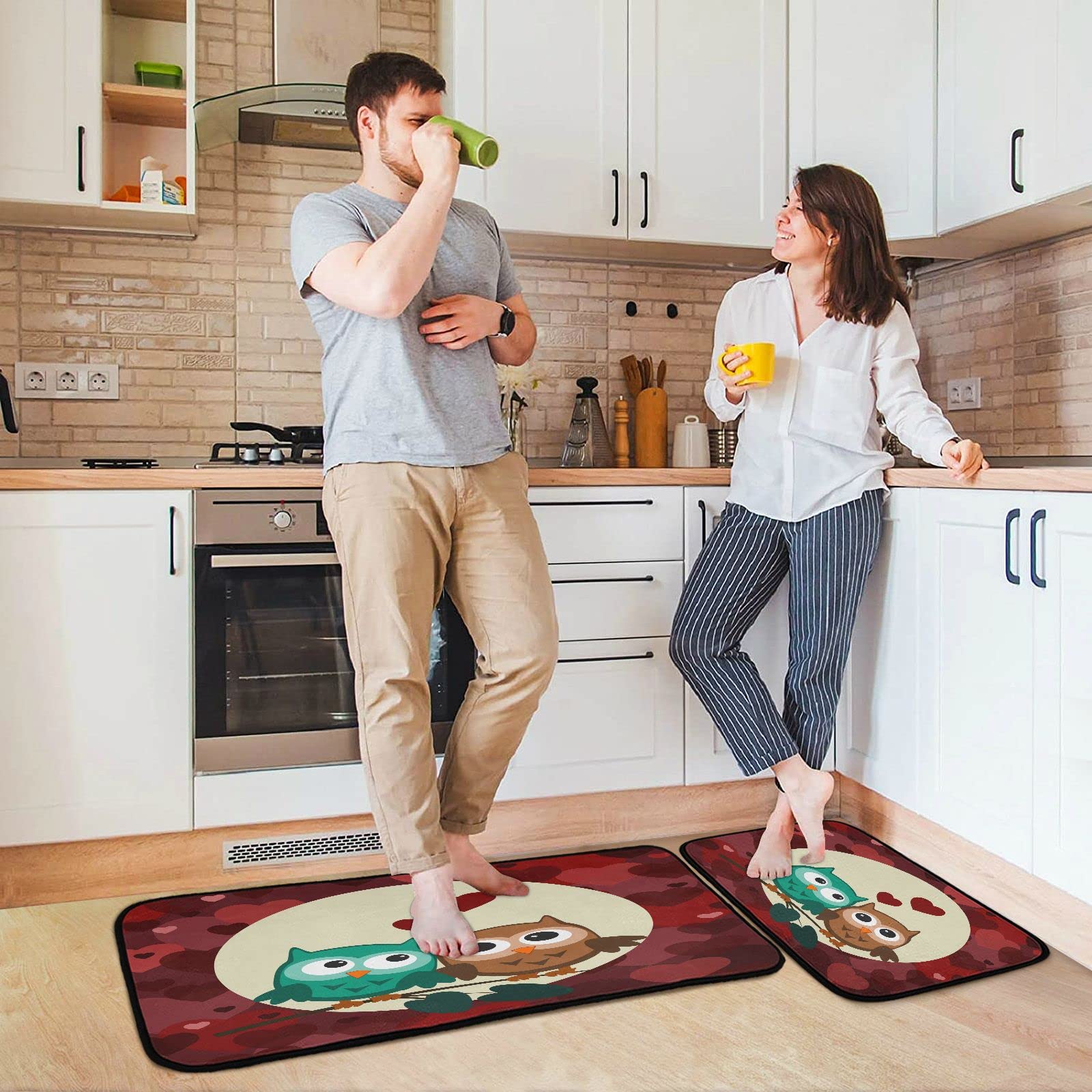 Cartoon Owls Couples Kitchen Rug Set of 2 Spring Mother's Day Floor Runner Mat Comfort Non Skid Bath Carpet Standing Mat Washable for Living Room Laundry Hallway Office Farmhouse