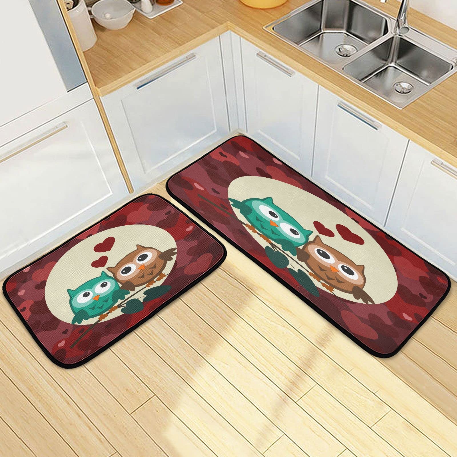 Cartoon Owls Couples Kitchen Rug Set of 2 Spring Mother's Day Floor Runner Mat Comfort Non Skid Bath Carpet Standing Mat Washable for Living Room Laundry Hallway Office Farmhouse