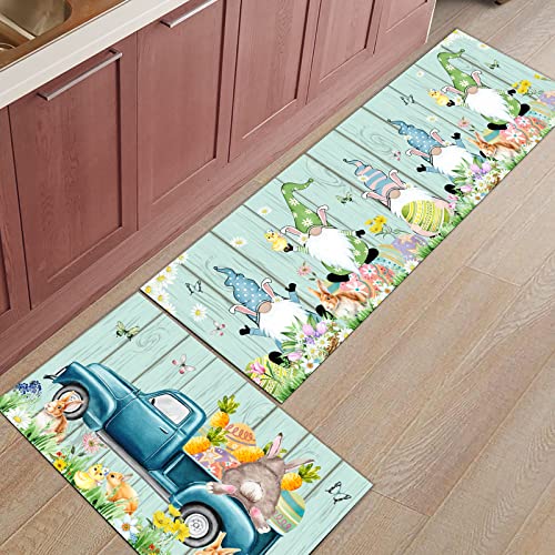 2 Piece Easter Day Kitchen Rug Set Easter Bunny Indoor Floor Mats for Spring Summer, Gnomes Mat Runner Rug Carpet Mat for Kitchen Home Decor (15.7" x 23.6"+15.7" x 47.2") - Easter Eggs Truck Rabbit