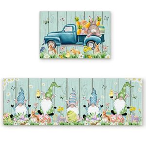 2 Piece Easter Day Kitchen Rug Set Easter Bunny Indoor Floor Mats for Spring Summer, Gnomes Mat Runner Rug Carpet Mat for Kitchen Home Decor (15.7" x 23.6"+15.7" x 47.2") - Easter Eggs Truck Rabbit